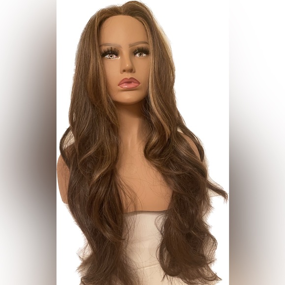 Hair | Real Human Hair Highlights Medium Brown Lace Front Wavy Wig 28 ...